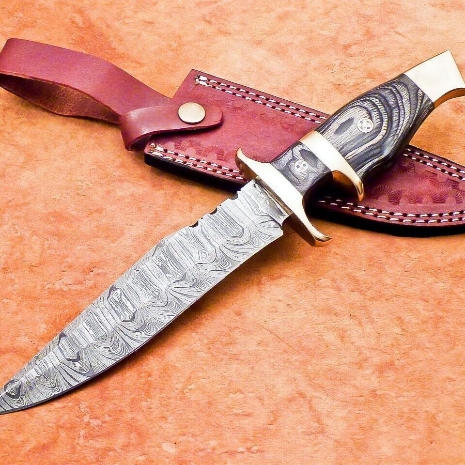 12" Custom Damascus Bowie Knife | Hardwood Handle & Brass Bolster ...